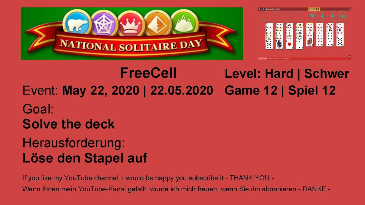 National Solitaire Day - FreeCell Hard | May 22, 2020 | Game 12 | Goal ...