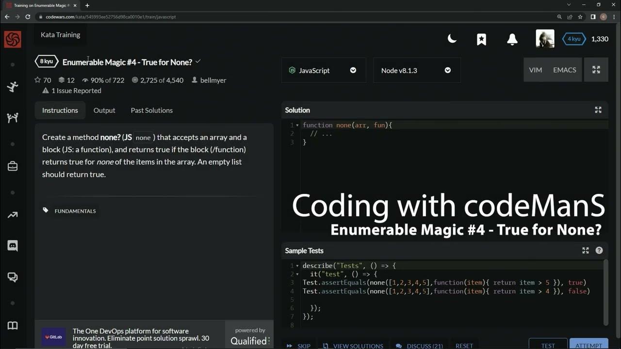 Codewars 8 kyu Enumerable Magic #4 - True for None? Javascript - YouTube