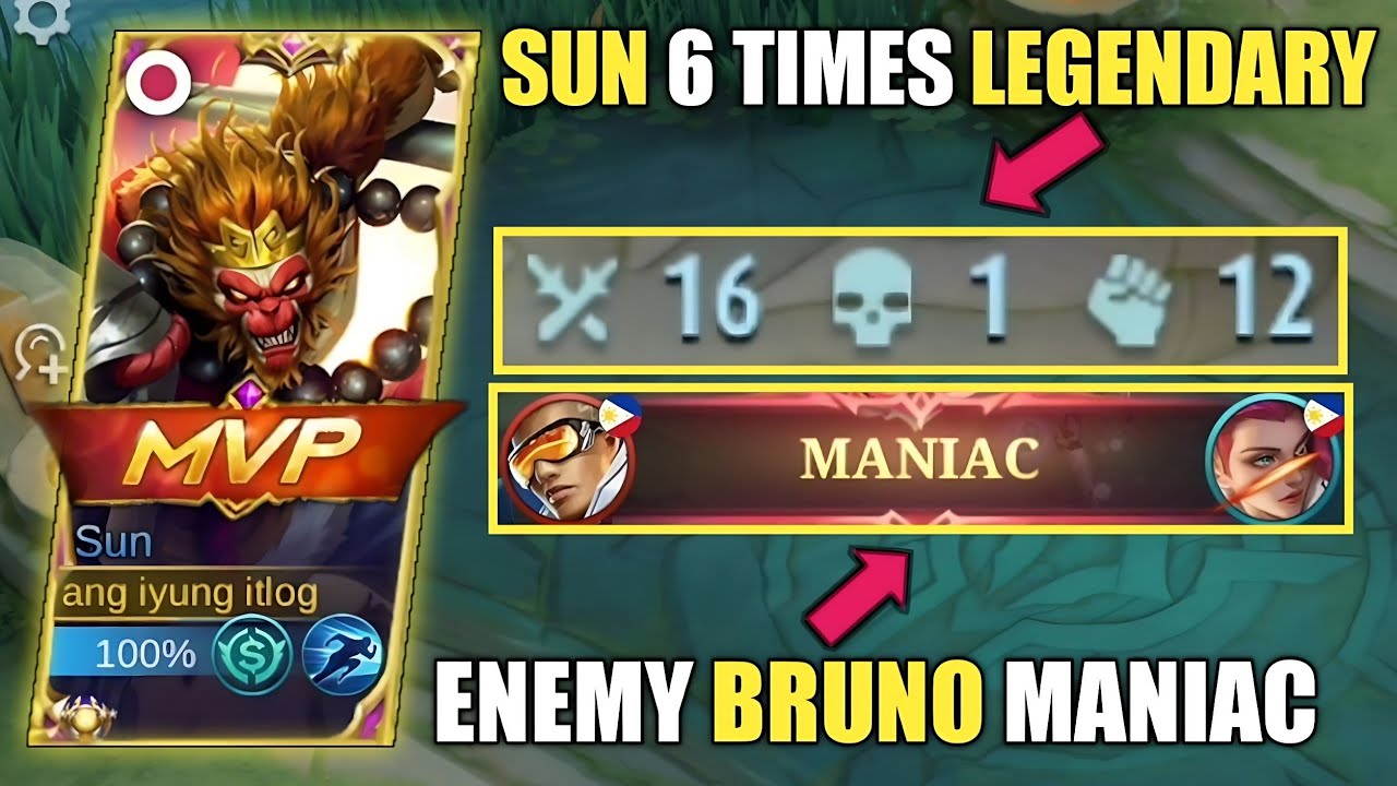 SUN SIX TIMES LEGENDARY | BRUNO MANIAC | INTENSE MATCH -MLBB🔥 #sun # ...