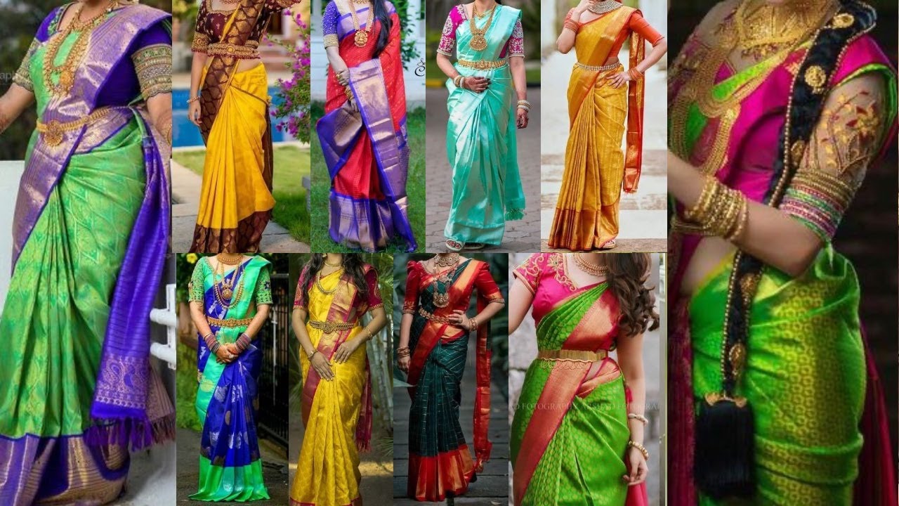 Bright colour Kancheepuram silk sarees with contrast blouse ideas - YouTube