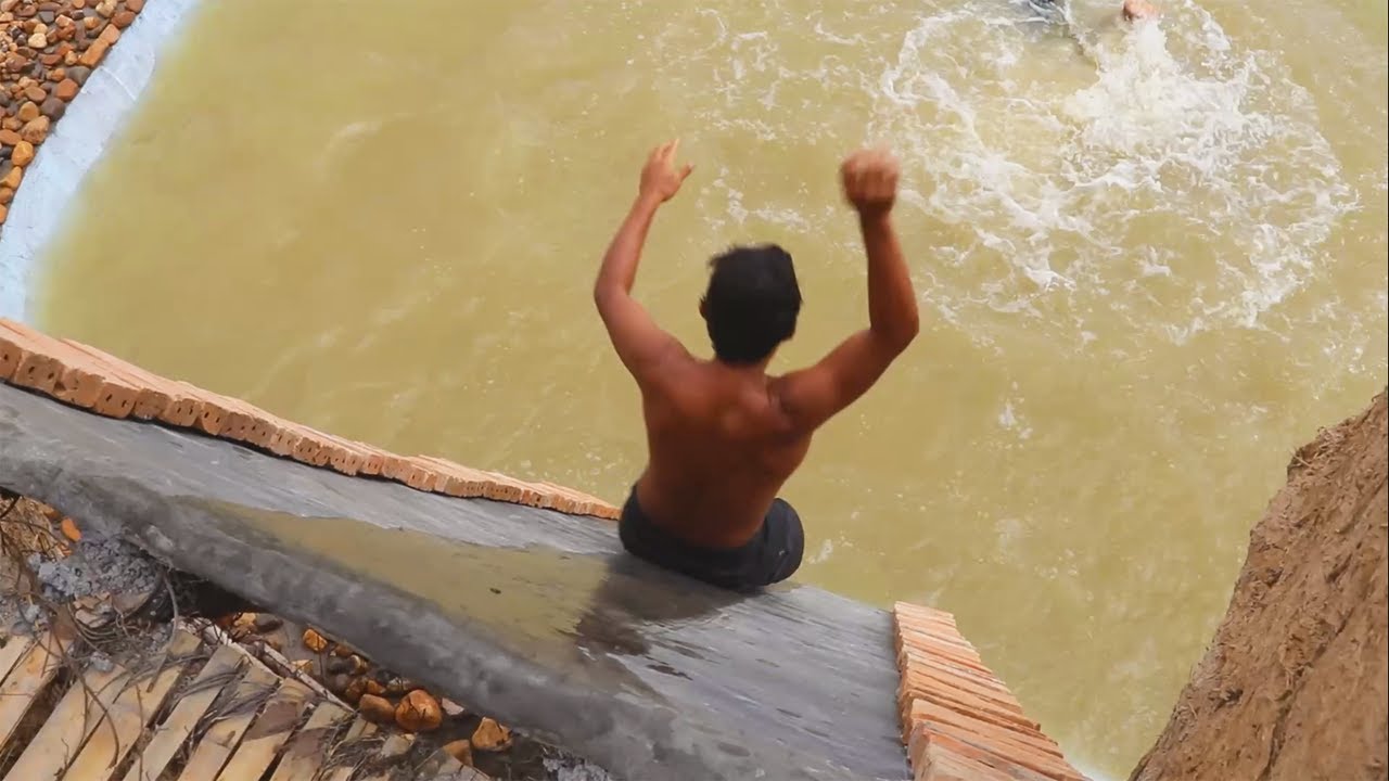 Build Three Story Twin Mud Villa With Water Slide Into Swimming Pool ...