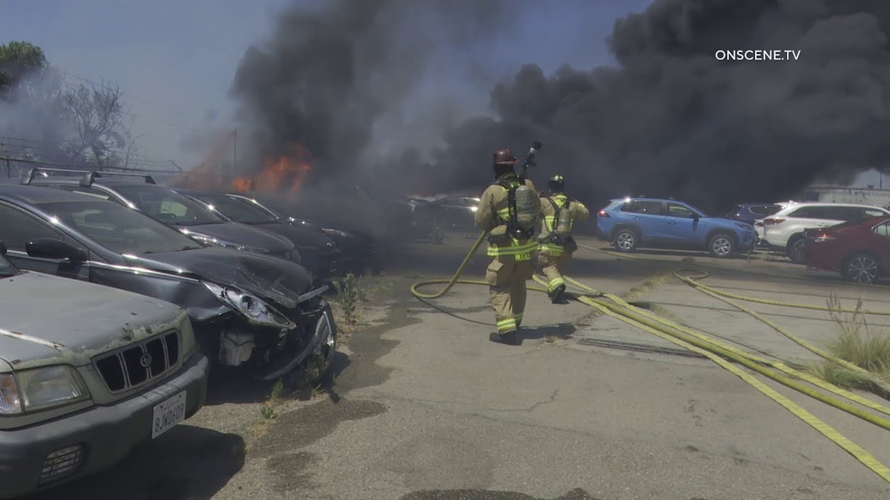 30+ Cars Destroyed By Storage Yard Fire In National City - YouTube