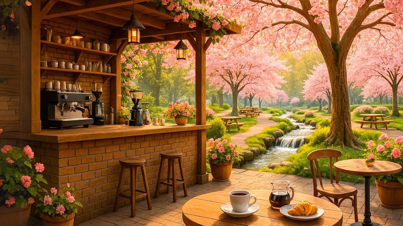Spring Café Morning ☕ Relaxing Jazz Music Under the Cherry Blossoms ...
