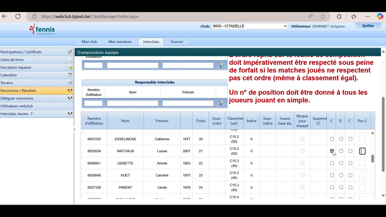 Encoder la feuille de composition d'équipe Interclubs Ethias - YouTube