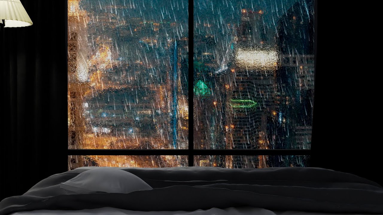 Heavy Rainstorm and Thunder in Cozy Bedroom - Rain on Window at Night ...