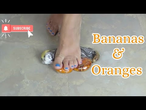 Barefoot Fruit Crush- Very Ripe Black Bananas and Oranges Wrapped *Fetish-ASMR* 18+