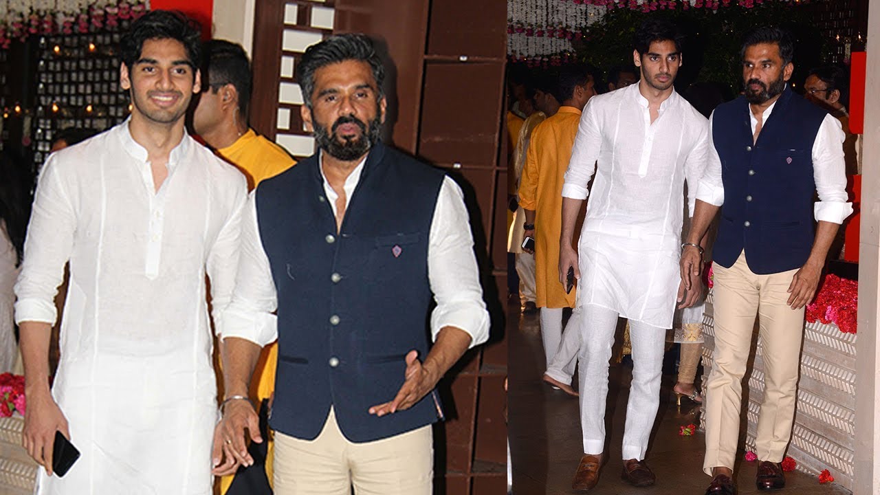 Suniel Shetty With Handsome Son Aahan Shetty At Ambani's Ganpati 2017 ...