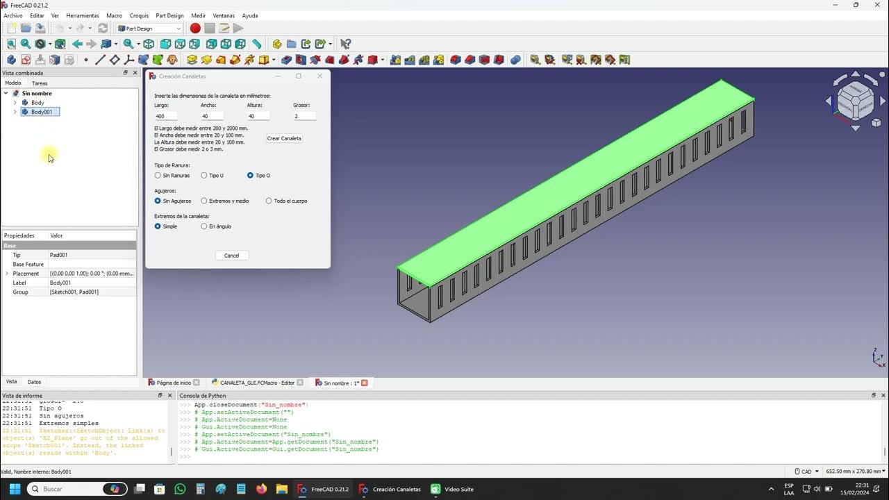 GENERADOR DE CANALETAS EN FREECAD Y PYTHON (MACRO) - YouTube