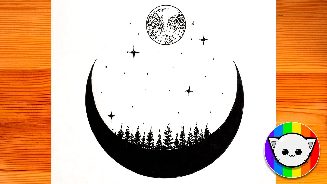 How to Draw a Crescent Moon Landscape | Easy Drawing for Beginners ...