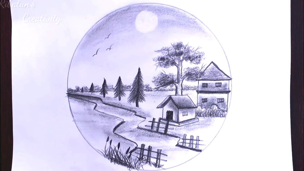 How to draw circle scenery // How to draw pencil sketch scenery - YouTube