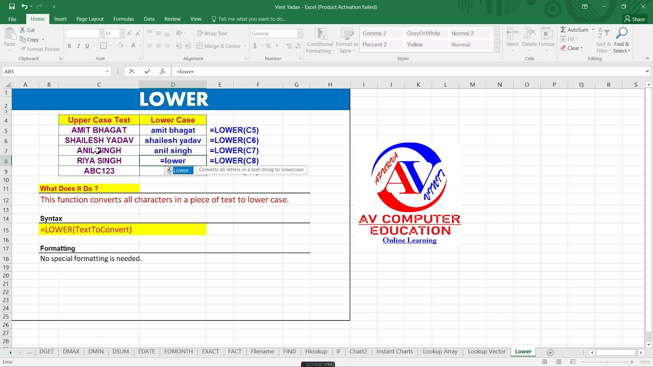 Excel LOWER Function || Excel LOWER Formula - YouTube