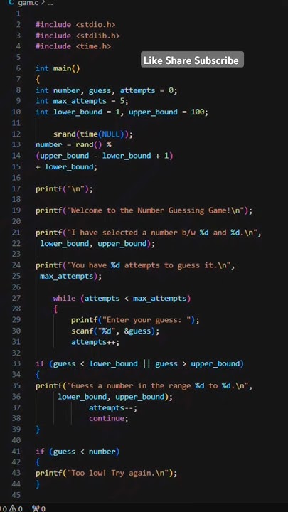 Guess the Number Game Code in C Language In VS Code.#codequest.#coding #clanguage #ytshorts ...