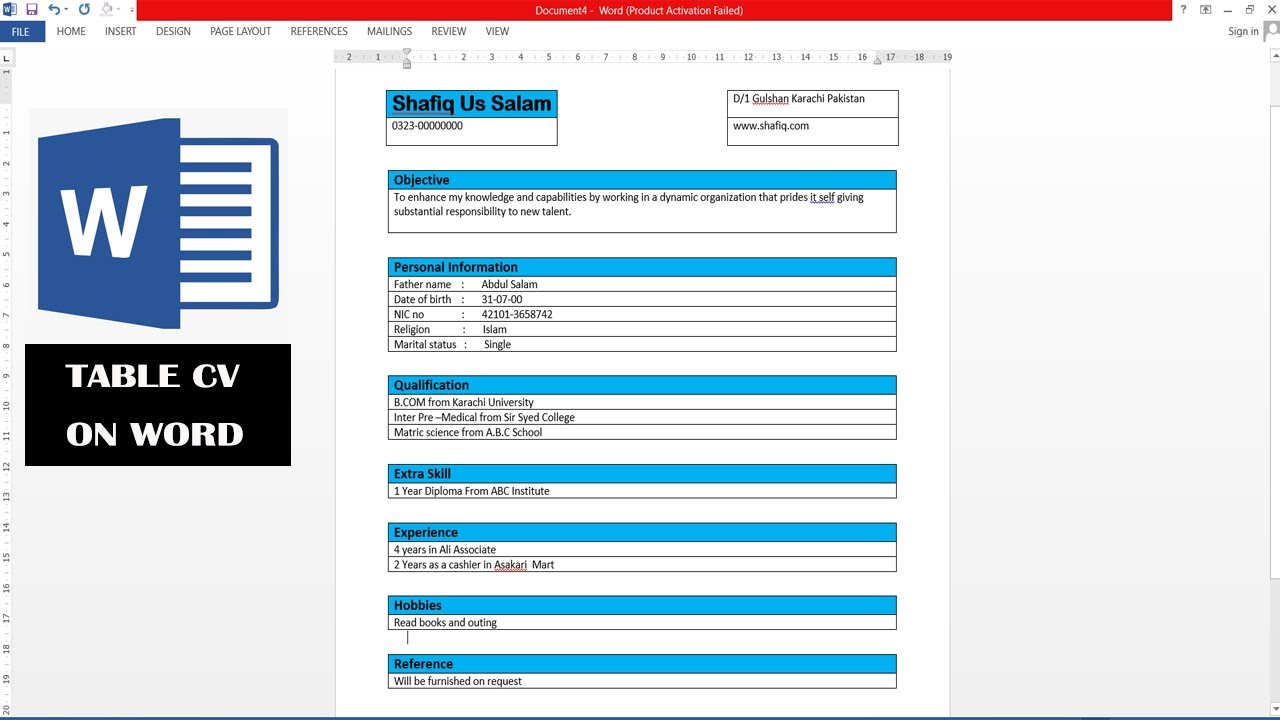 Table CV || Professional CV On M.S Word || Best CV - YouTube