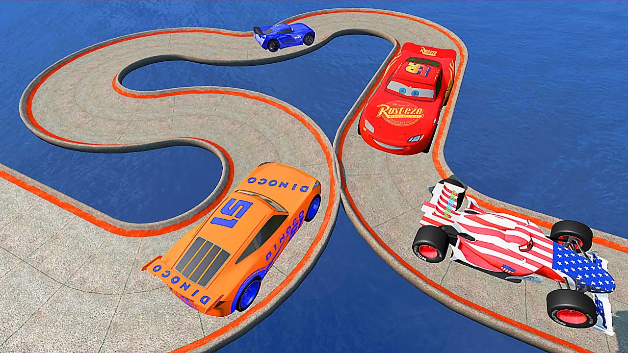 Disney Cars Truck vs Сurved Bridge Lightning McQueen Jackson Storm Cruz ...