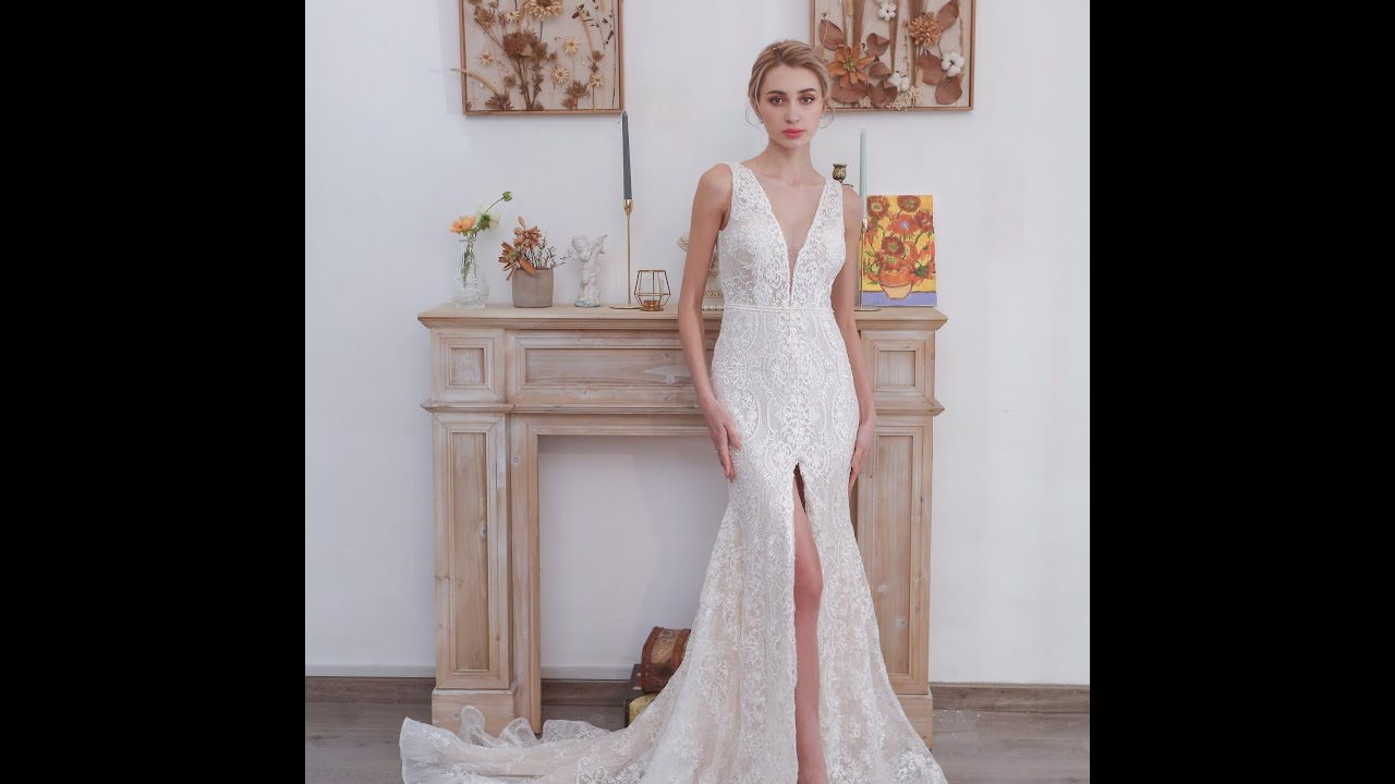 Middle Split Wedding Gown Dress with Illusion Deep V Neck - YouTube