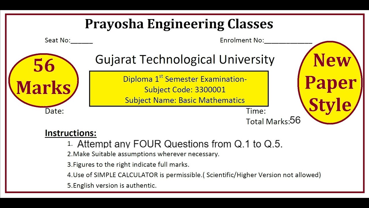 Paper Style for Diploma First Semester Basic Mathematics 3300001 - YouTube