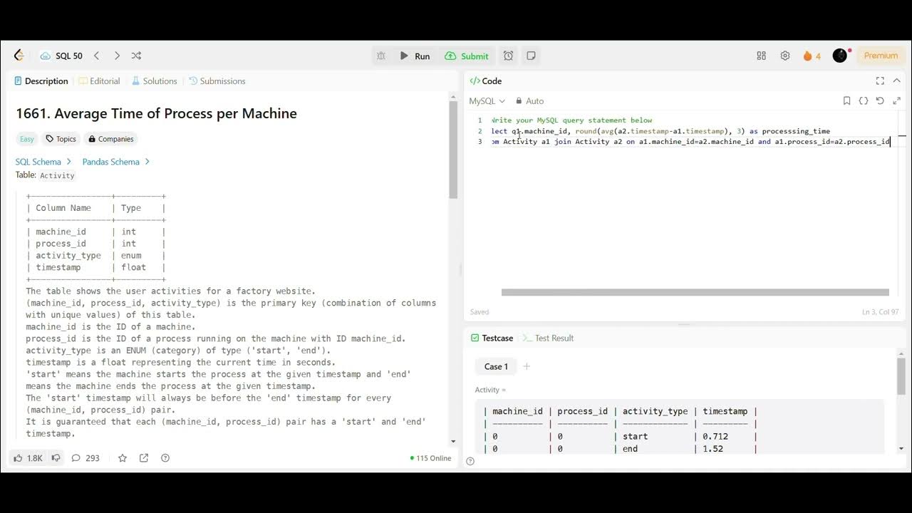 1661. Average Time of Process per Machine SQL Schema Pandas Schema SQL Query Practice Question # ...