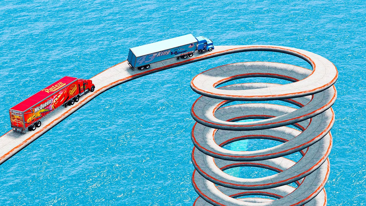 Mack Truck vs King Dinoco Truck vs Impossible Spiral Pancake Bridge Vs ...