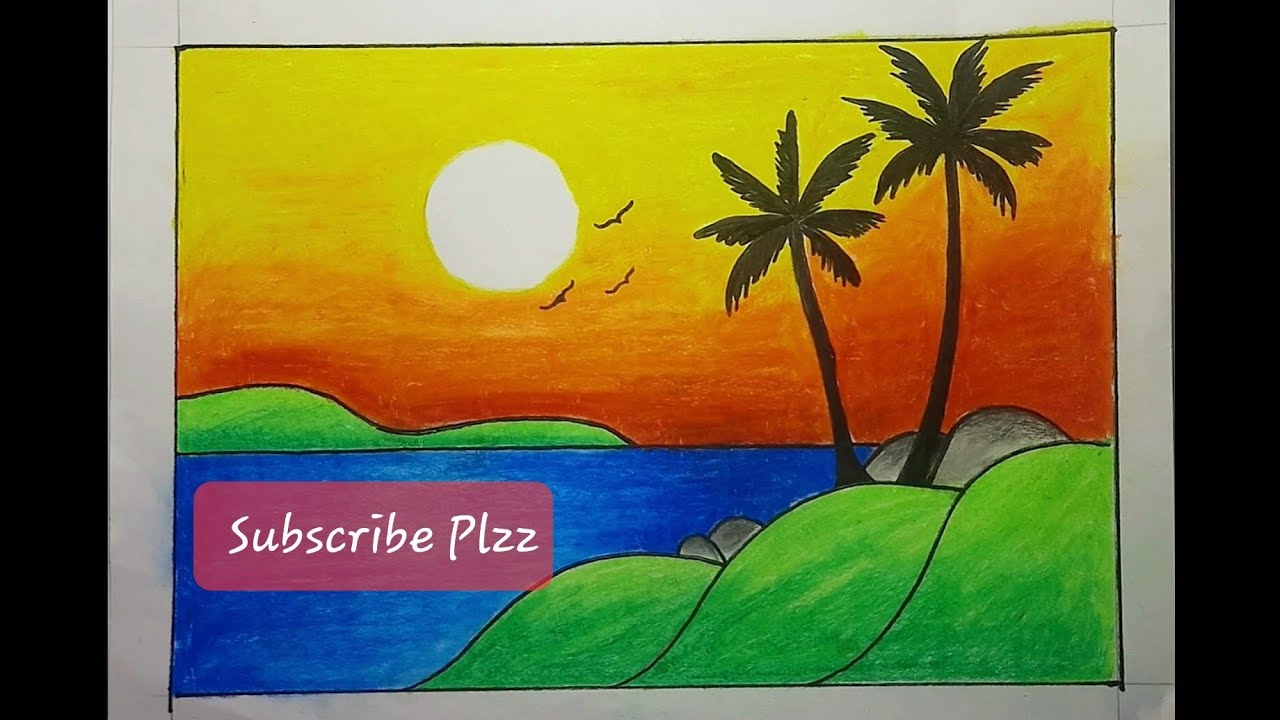 How to draw a scenery Coconut trees or sun and river drawing || a ...