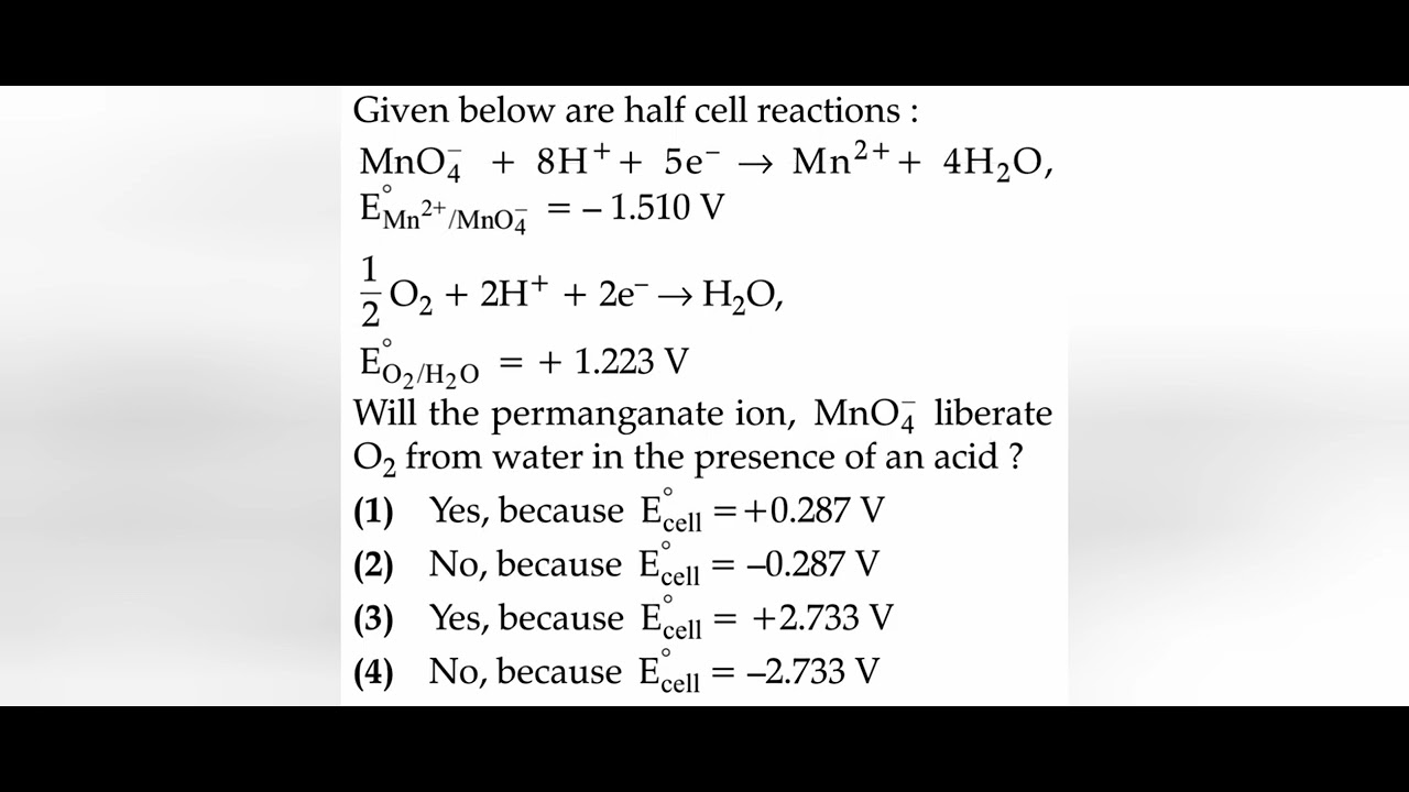 Given below are half cell reactions : Will the permanganate ion, MnO4 ...