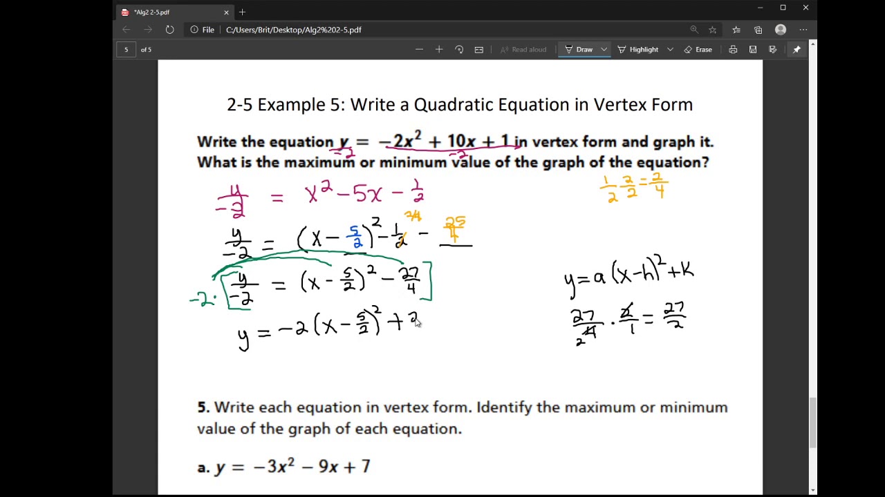 Write a Quadratic Equation in Vertex Form - YouTube