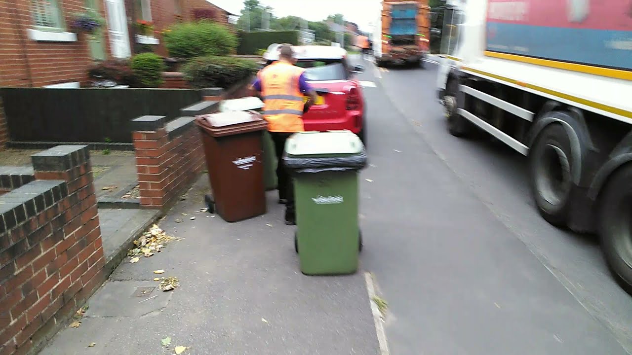 UK BIN WAGON & BIN MEN AT WORK. household waste & recycling management ...