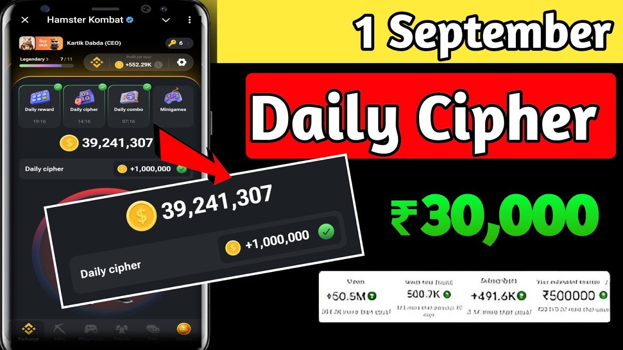 1 September Daily Cipher Claim ️ || Hamster Kombat 💥 Daily Cipher || Daily Combo | Daily Cipher ...