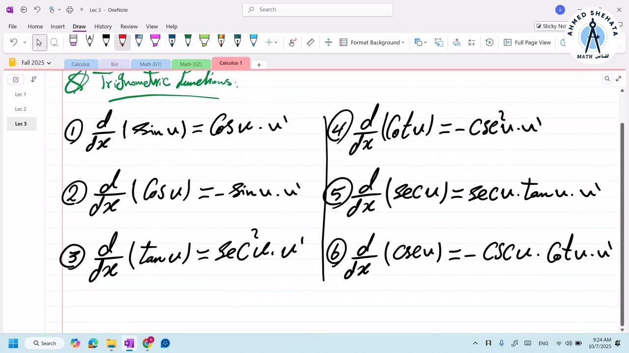 Calculus 1 | Lec 3 | Differentiation rules for trigonometric and ...