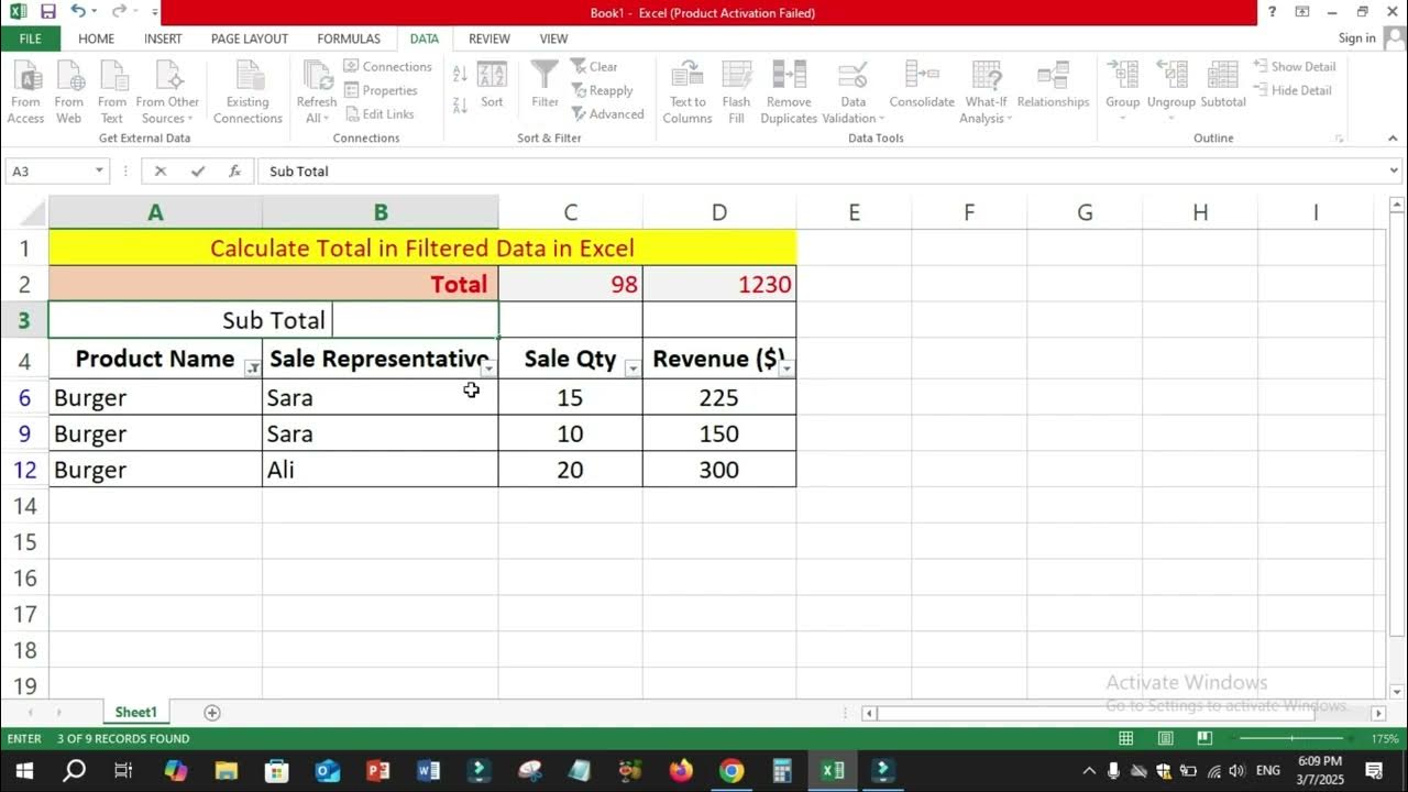 Calculate Total in Filtered Data in Excel | SUBTOTAL Function Tutorial @TechnicalKorner - YouTube