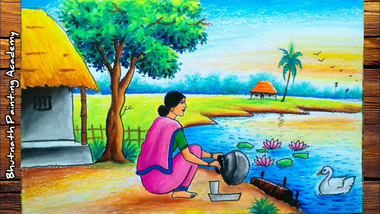 how to draw village landscape - YouTube