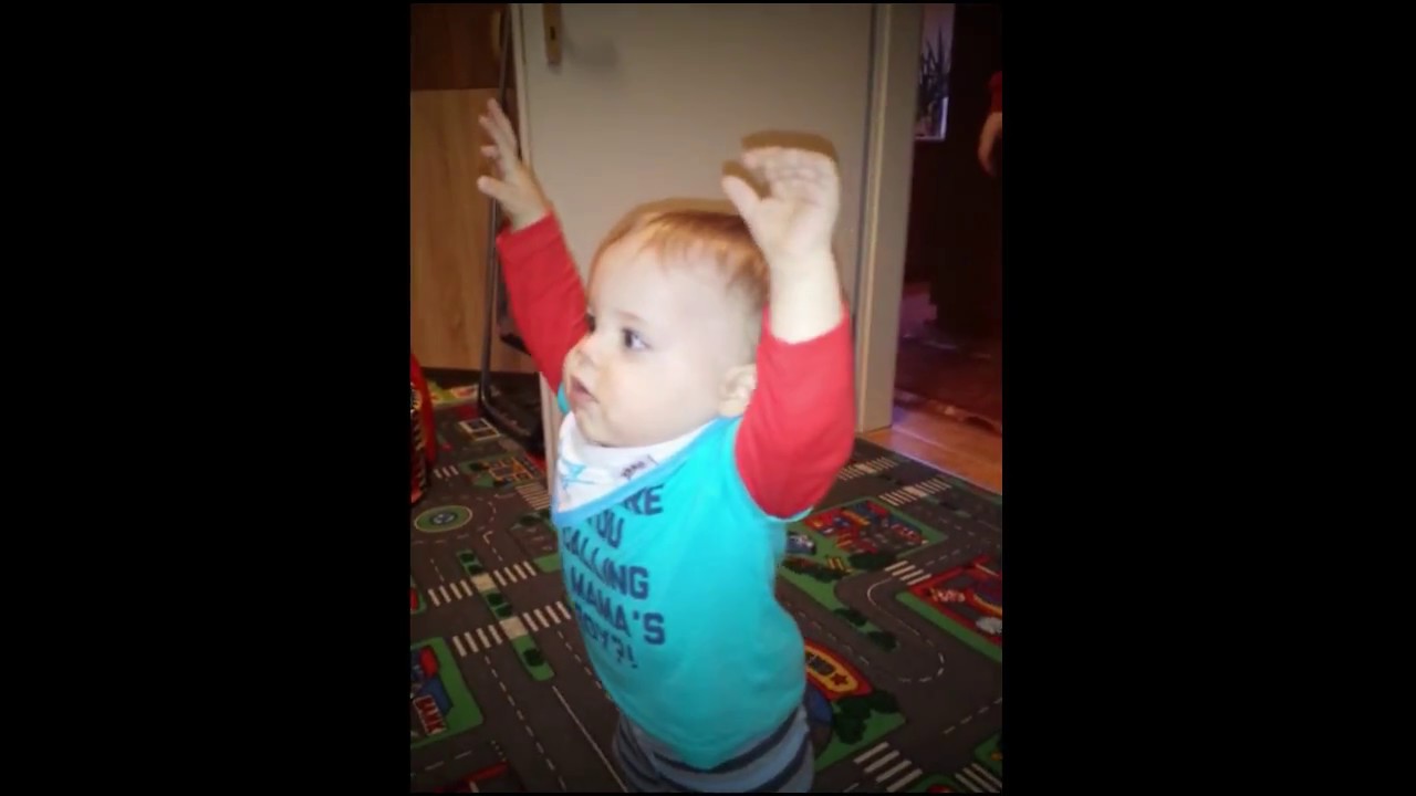 Baby's first time stand up, first step :) - YouTube