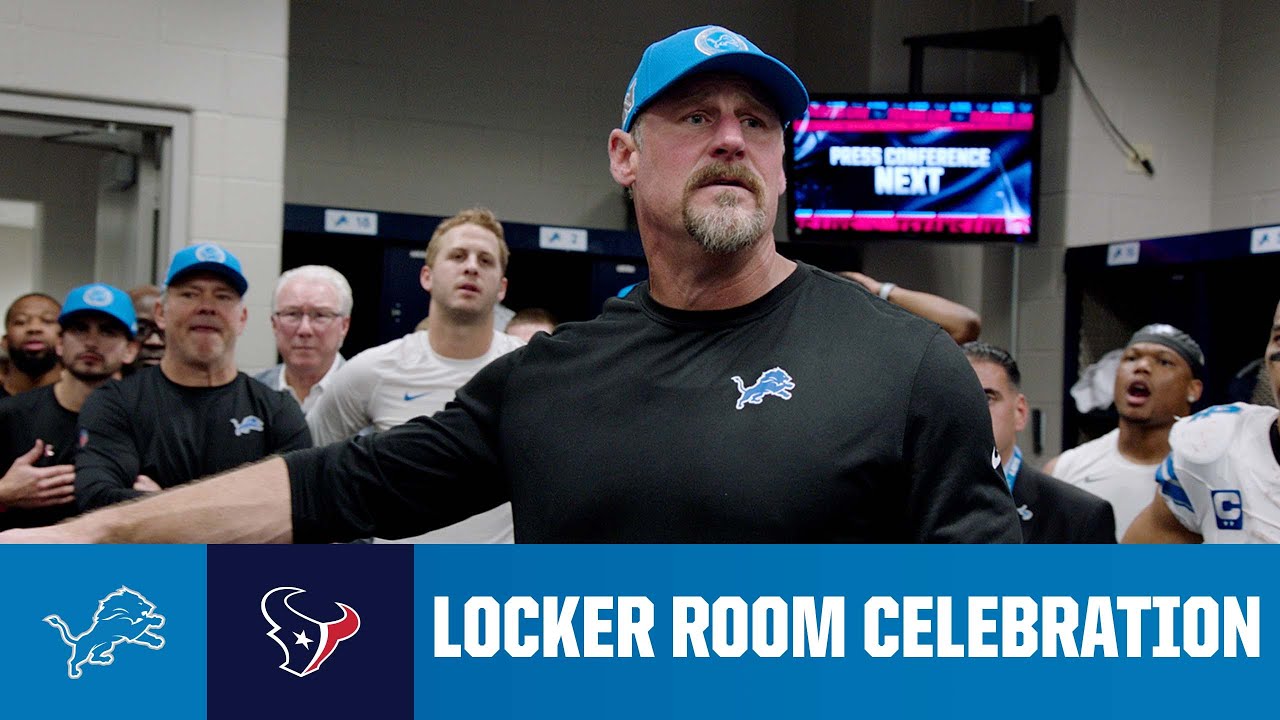 Lions at Texans postgame locker room celebration - YouTube