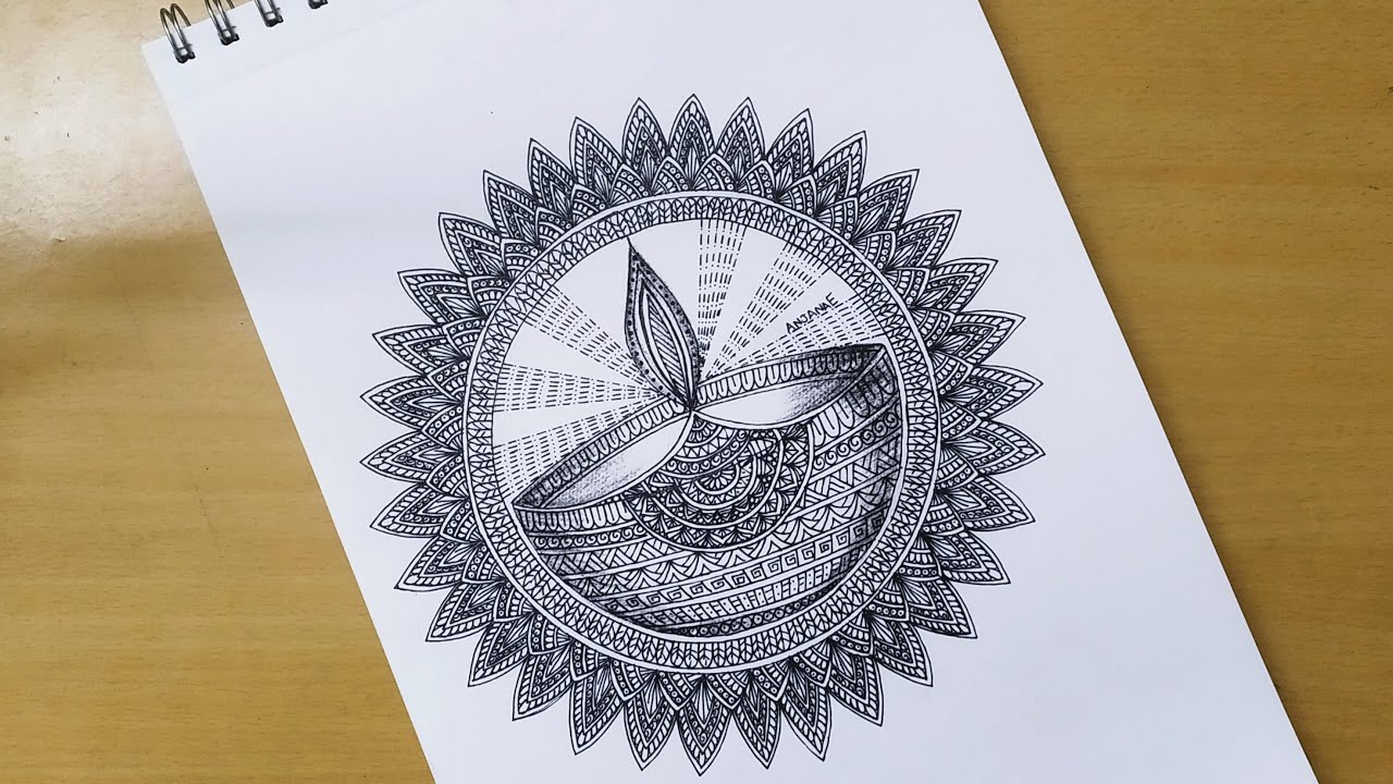 How to draw Mandala art of Diwali festival | Diya | Lamp | Zentangle ...
