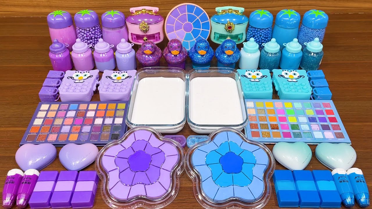 BLUE vs PURPLE !!! Mixing Random Things into GLOSSY Slime!!!Satisfying ...