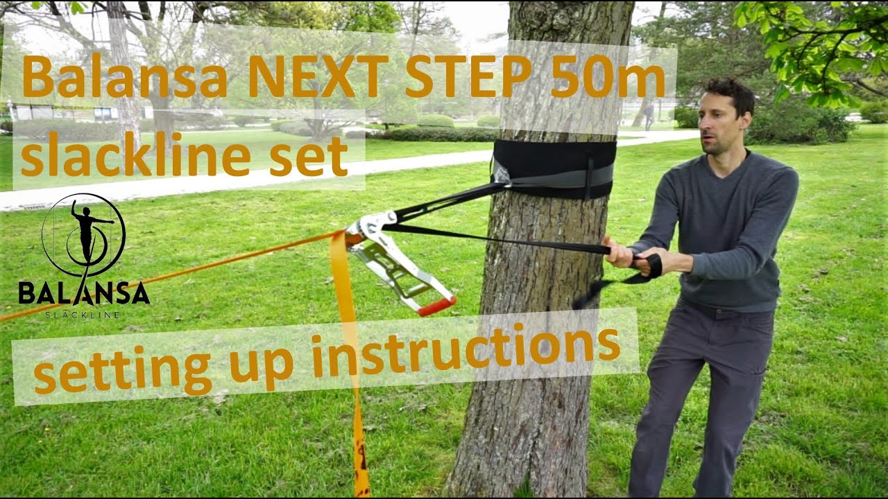 Balansa Slackline - 50m longline with ratchet and pretension / soft-release system - Setting up ...