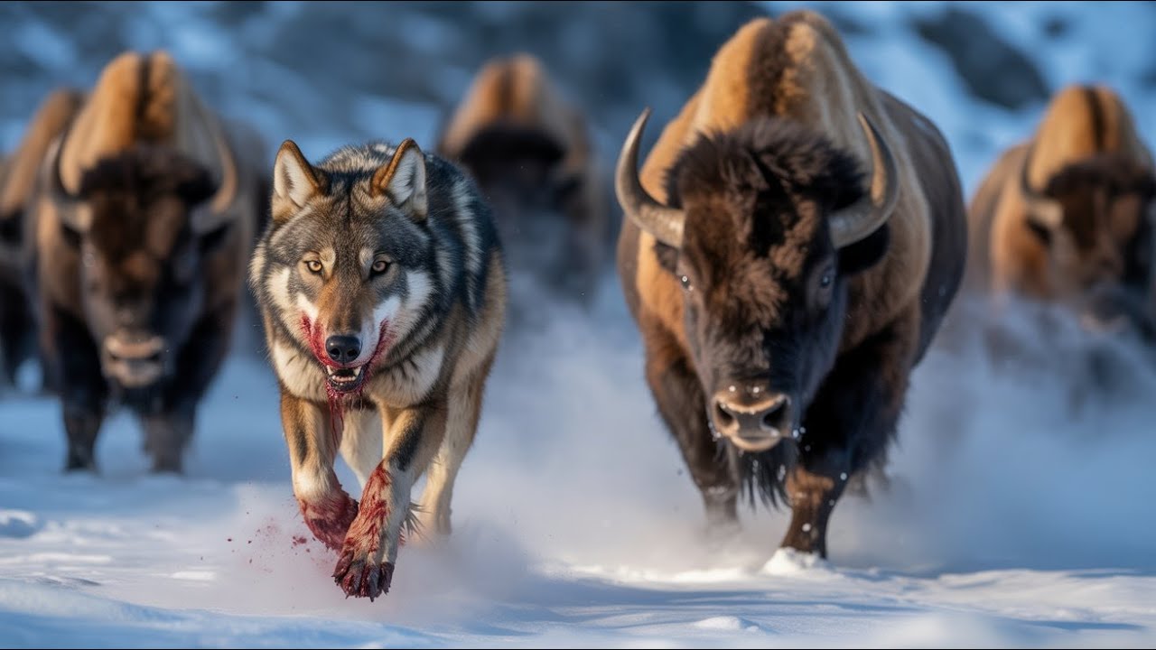 Injured Alpha Wolf Chased by a Bison Herd in Snowy Mountains – Survival ...