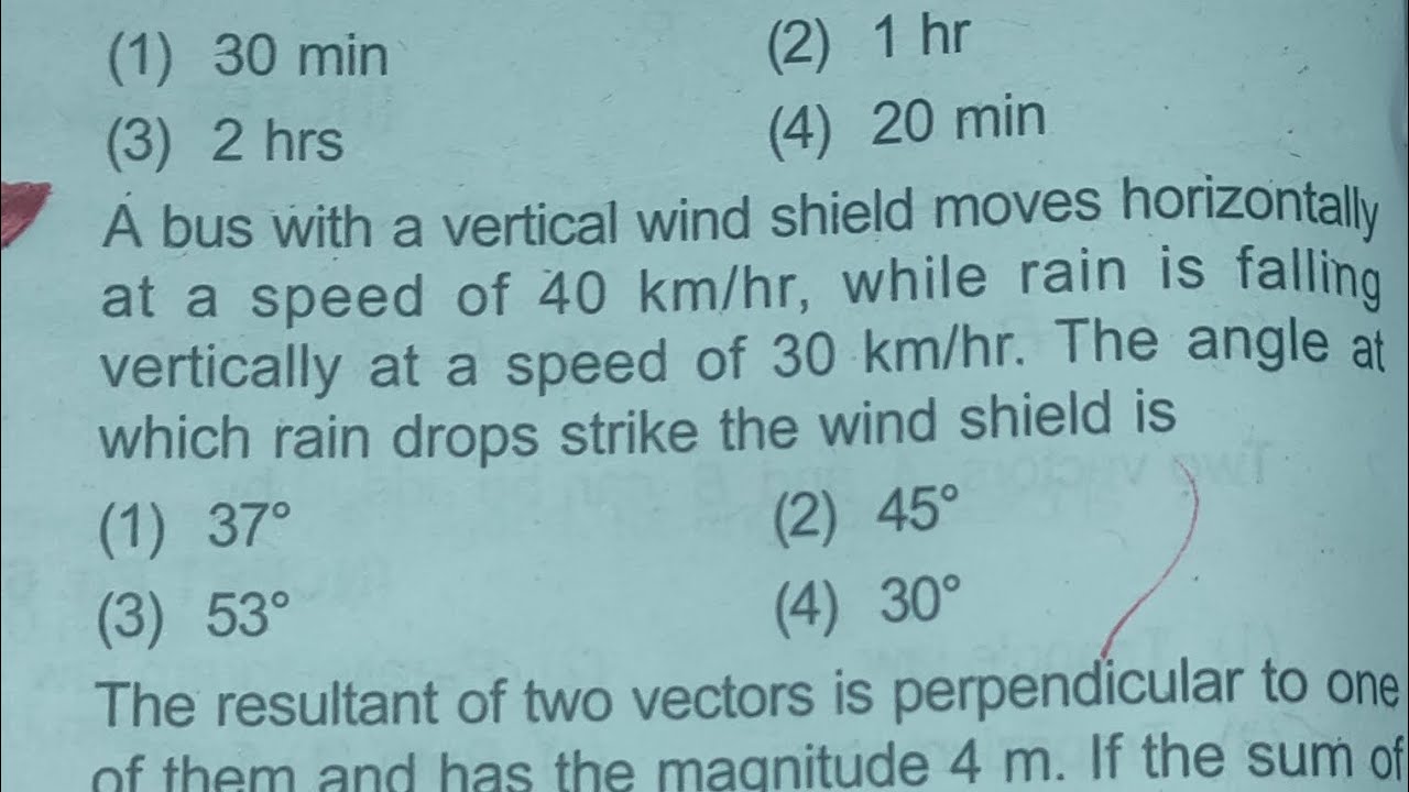 3) 2 hrs(2) 1 hr(4) 20 minA bus with a vertical wind shield moves ...