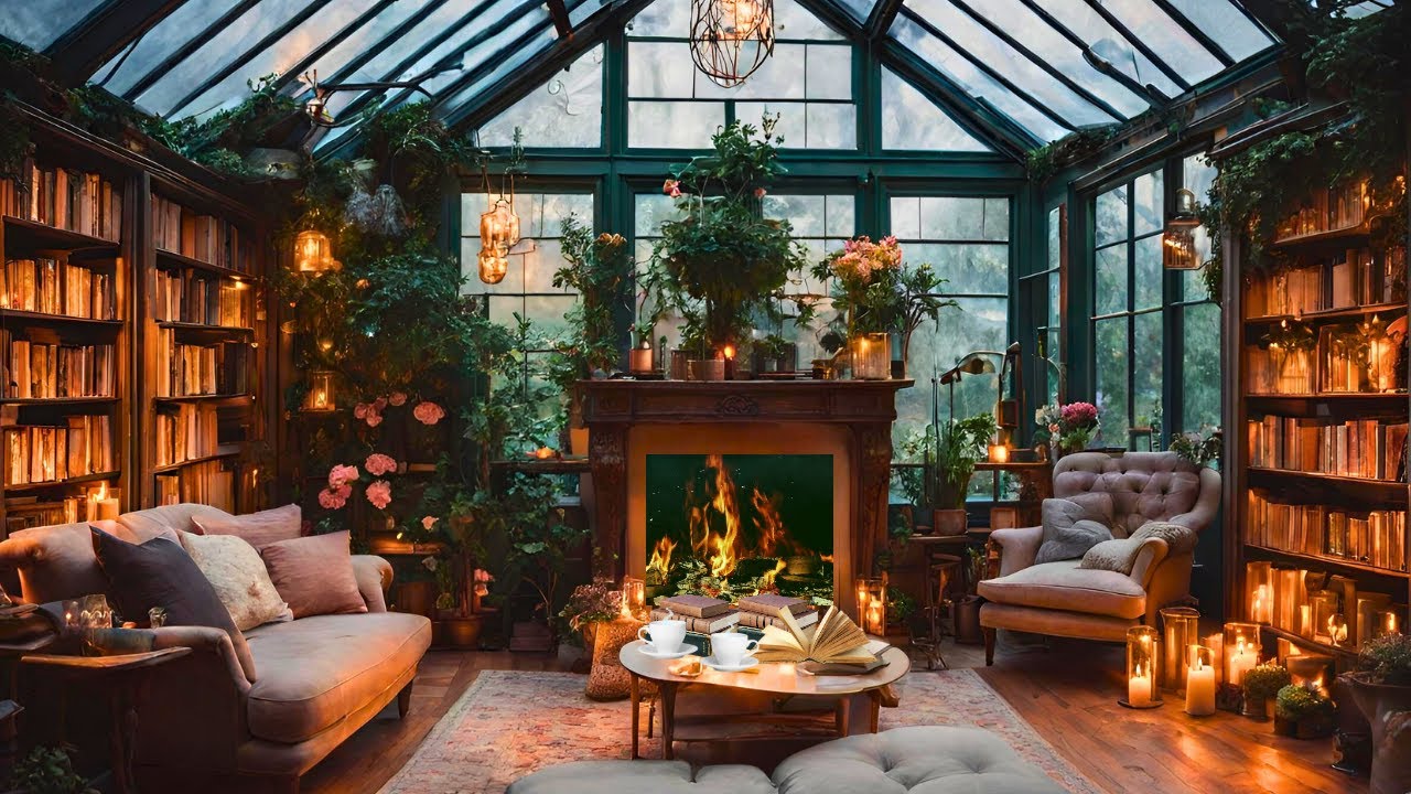 Rainforest Library with Nature Sounds, Harmony Melody - warm Fireplace ...