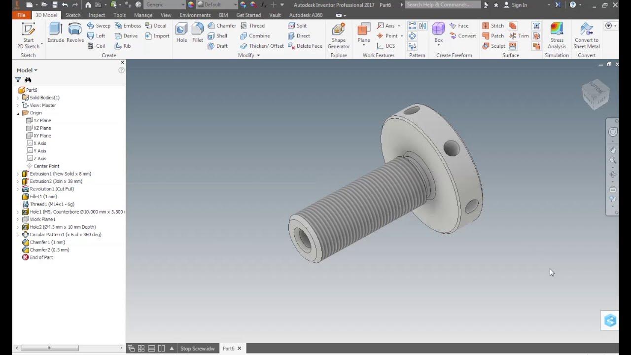 Autodesk Inventor Tutorial, Part Modeling, Stop Screw - YouTube