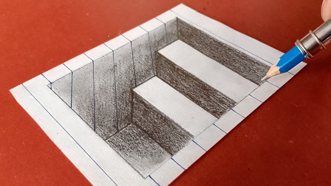 How to draw easy 3D stair on line paper for beginners - YouTube
