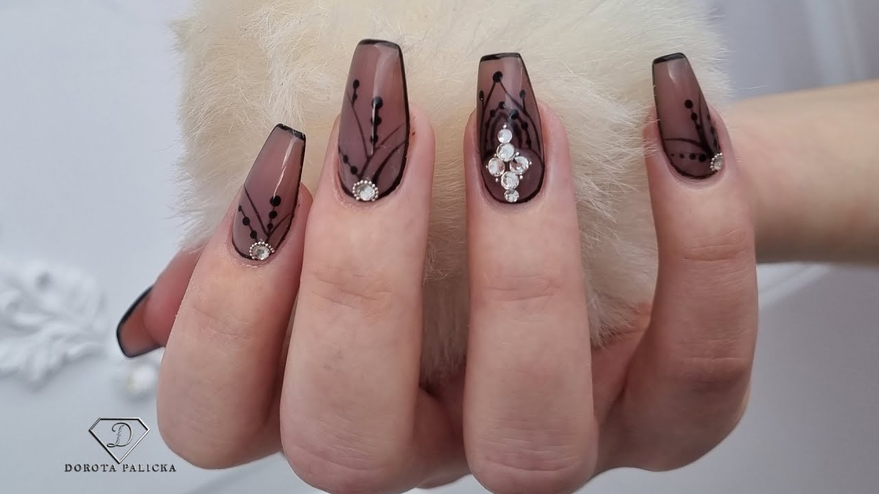 Black sheer chain nail art with crystals. gel rebalance step by step ...