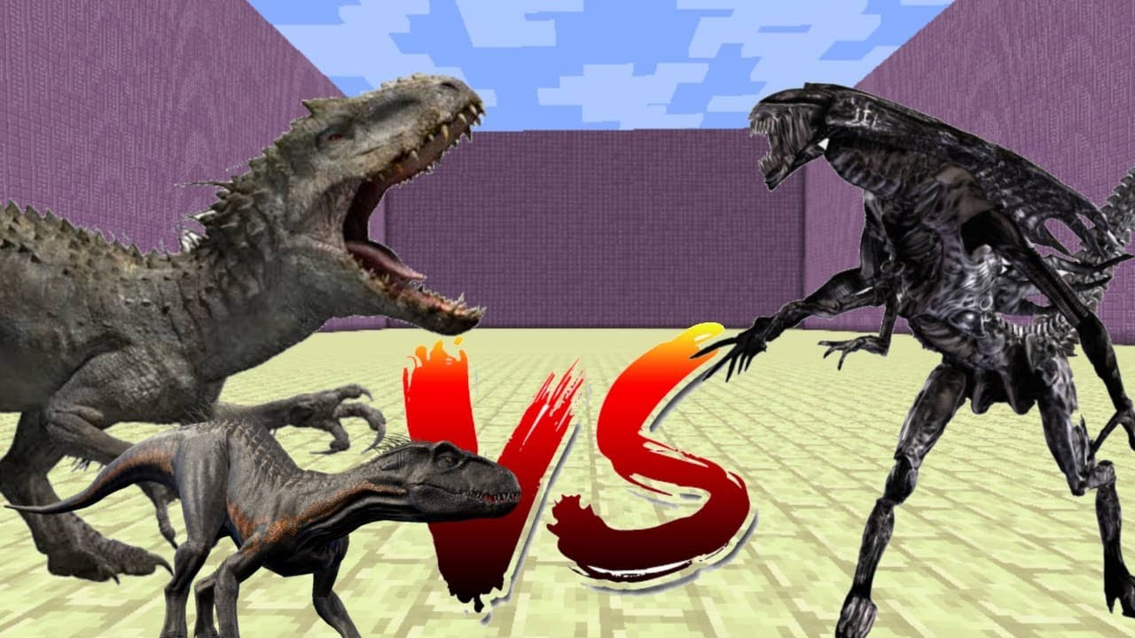 minecraft mob battle 61- indominus rex and indoraptor vs xenomorph ...
