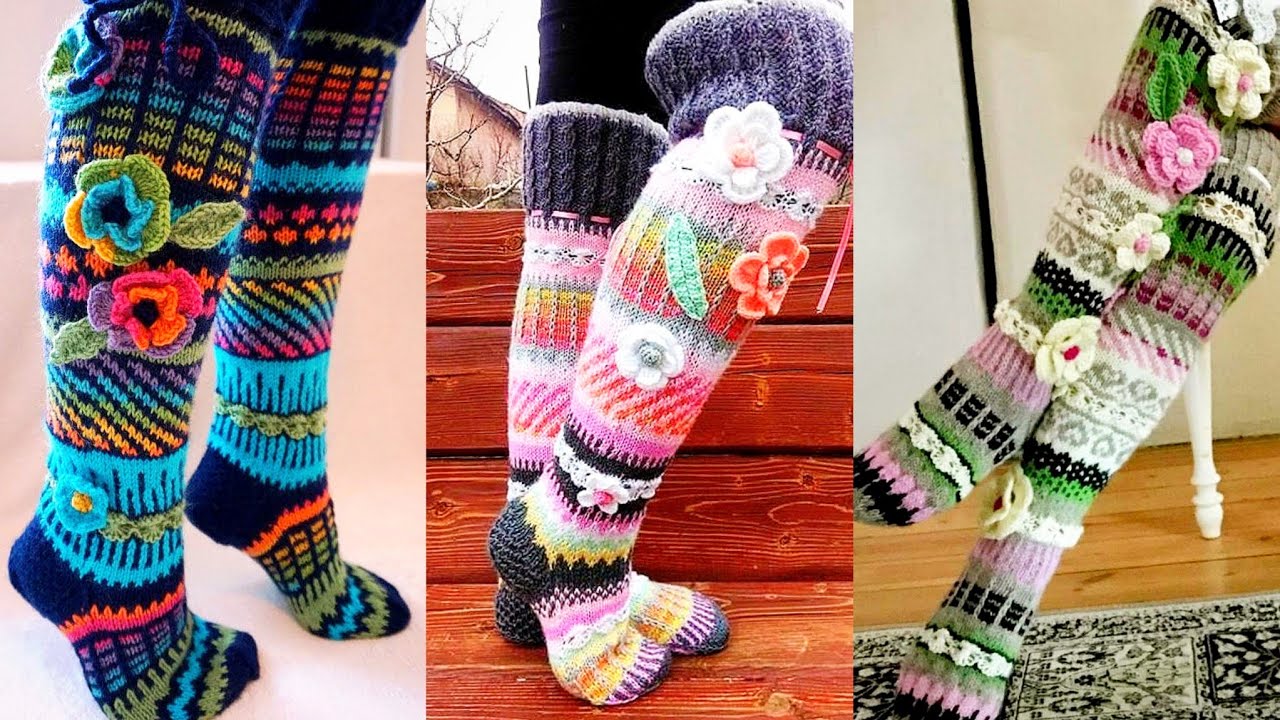Latest Winter Knee-high Crochet Socks design & Patterns//flower ...