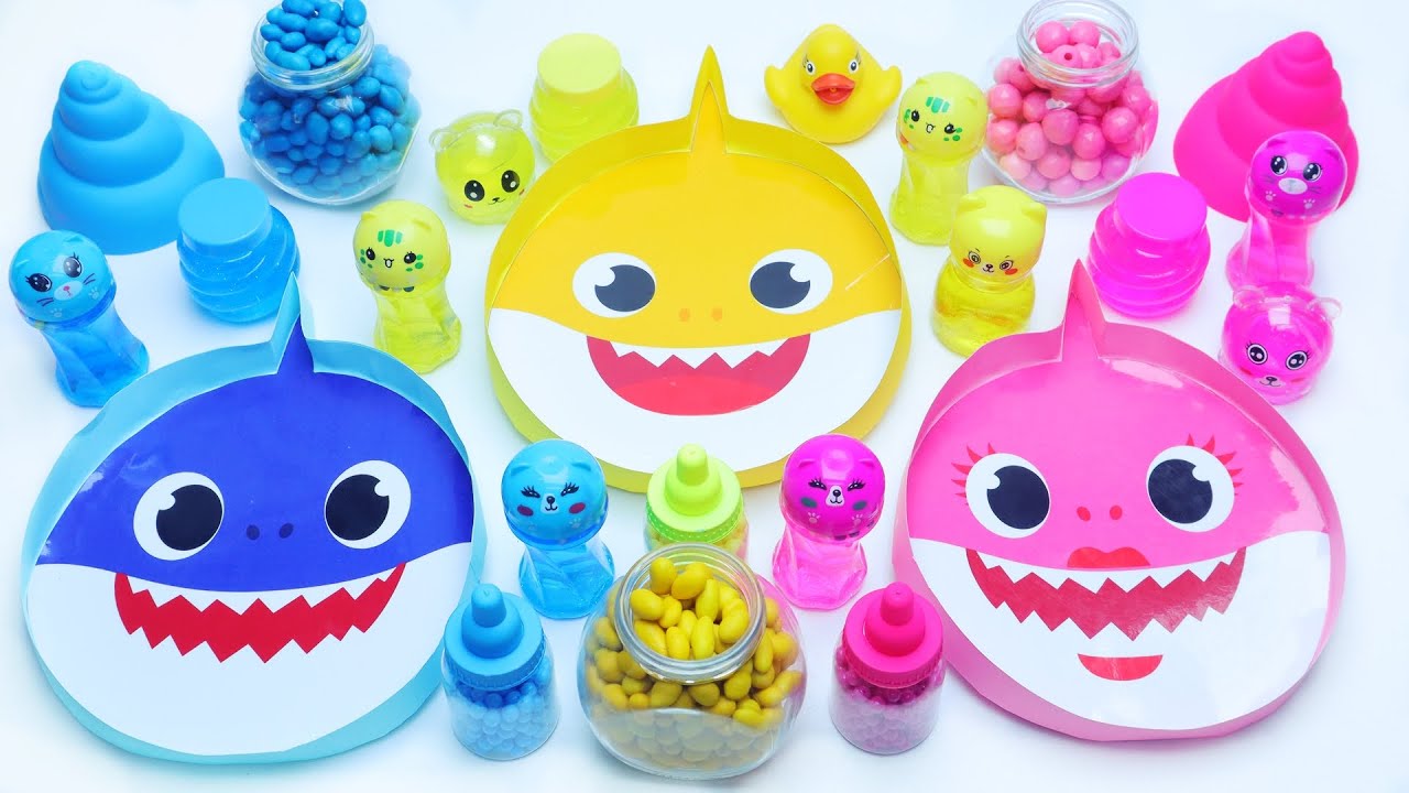 Baby Shark !!! Mixing Rainbow M&M Slime with Squishy & Skittles Cutting ...