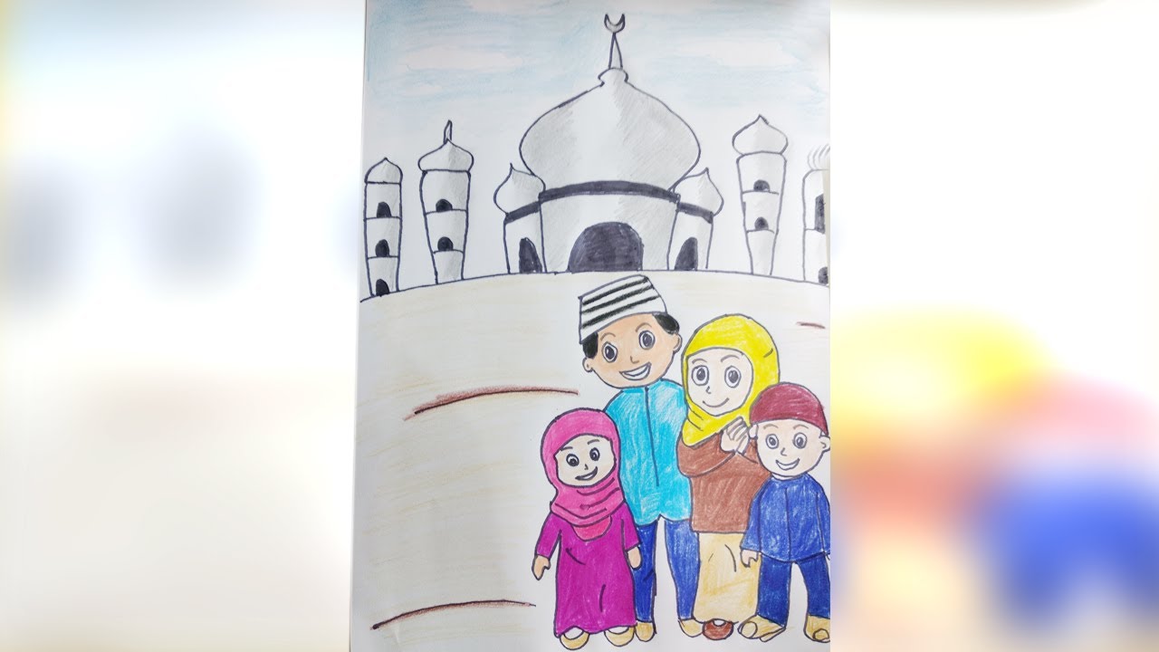How to draw Muslim family with mosjit - YouTube