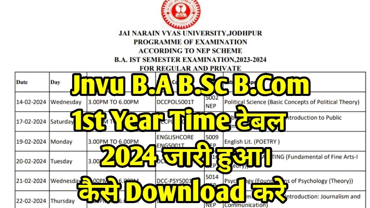 Jnvu B.A B.Sc B.Com BBA BCA 1st Semester Exam Time Table 2024 जारी हुआ ...