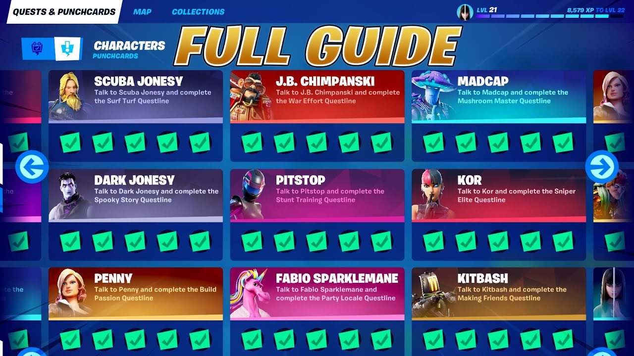 All 15 Characters PUNCH CARDS Quest Complete Guide! Fortnite Season 8 ...