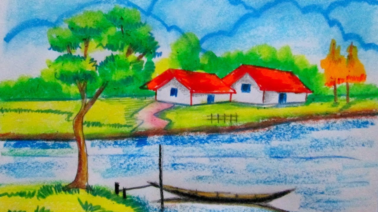 Easy Kids drawing tutorial of village scenery| How to draw a scenery of ...