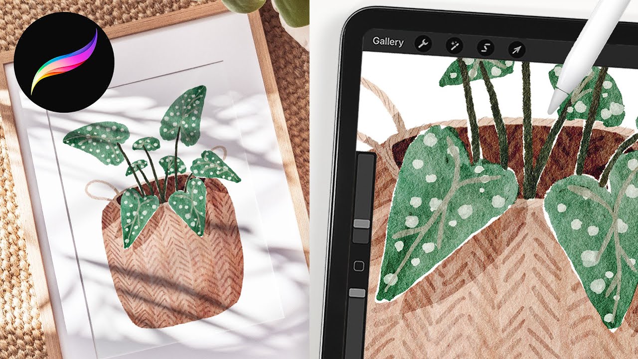a happy pathos in a basket // Procreate watercolor tutorial // potted ...