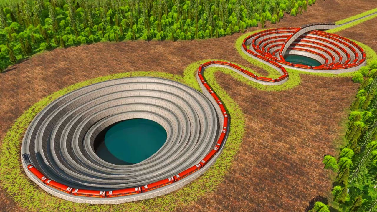 The Longest Red Train Enters Two Earth Vortex Spiral Tracks🚦Revolving ...